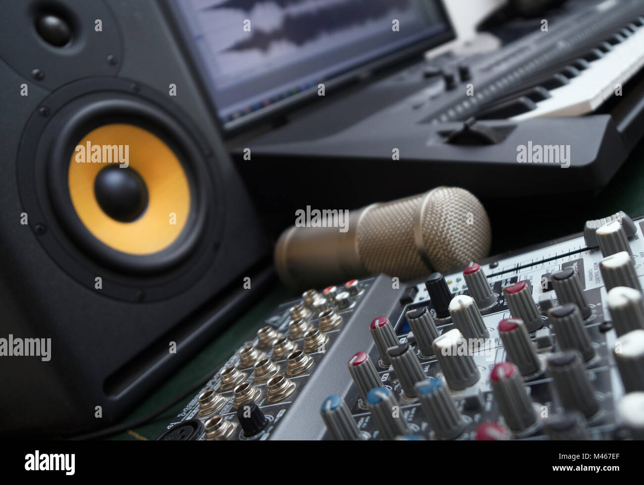 Mixer, condenser microphone and professional monitor. Concept of home ...