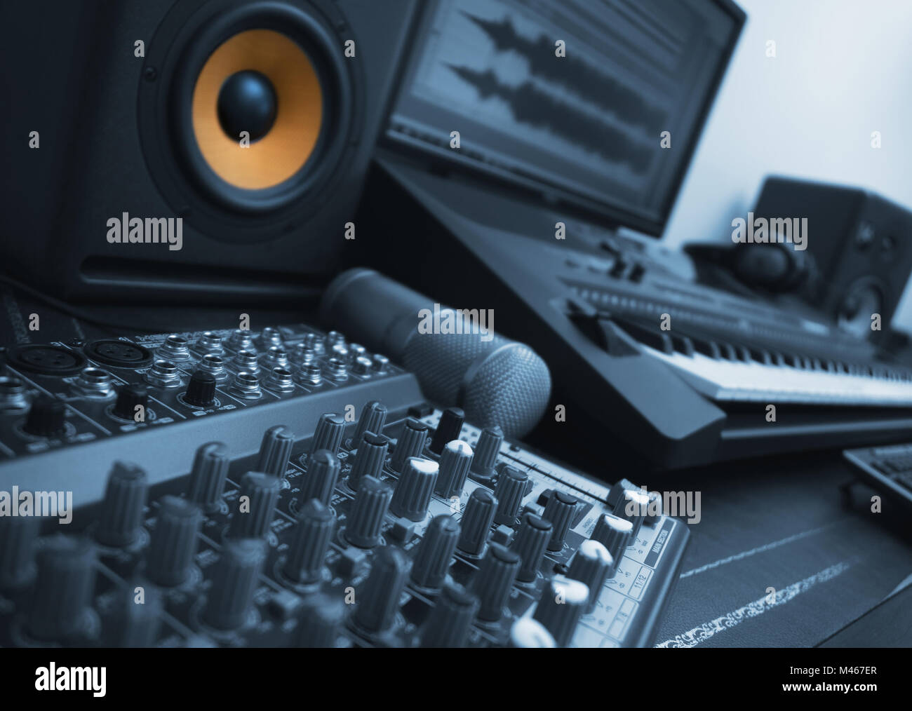 Mixer, condenser microphone and professional monitor. Concept of home ...