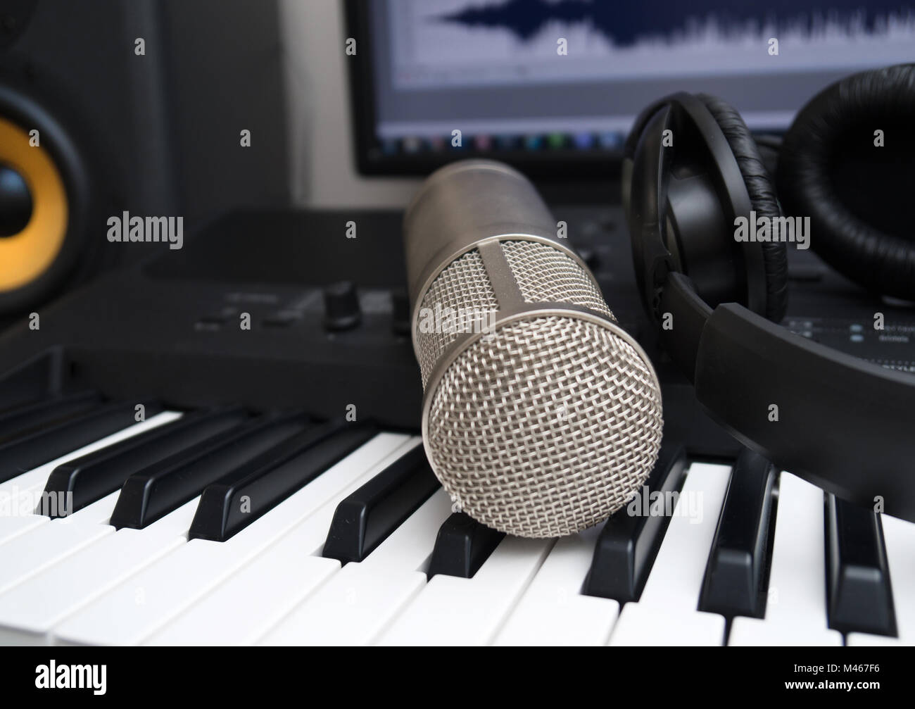 Mixer, condenser microphone and professional monitor. Concept of home ...