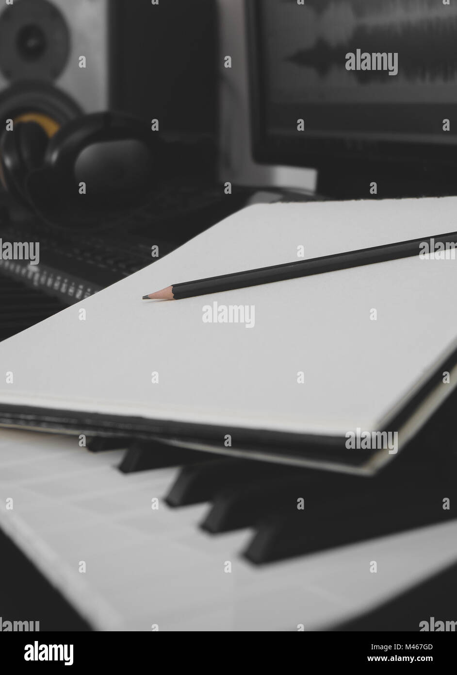 Piano keyboard, pen and sheet. Concept of composing song Stock Photo ...