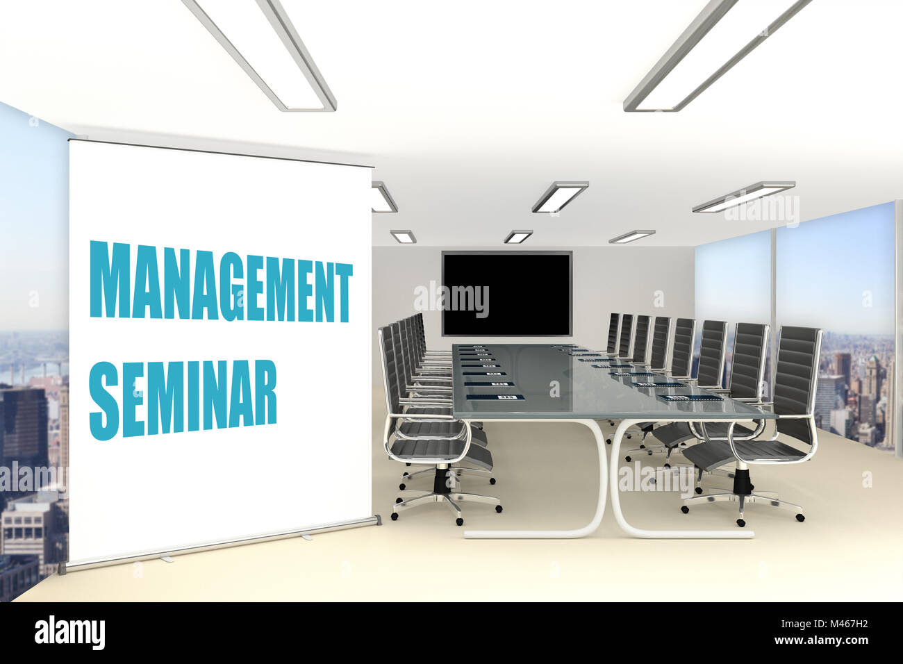 3D illustration of MANAGEMENT SEMINAR title on a wide rollup placed in ...