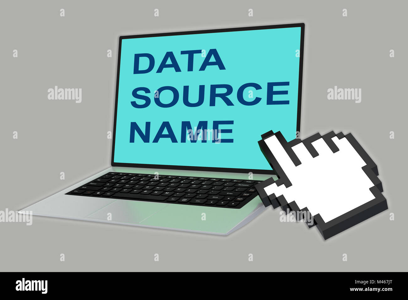 3D illustration of DATA SOURCE NAME script with pointing hand icon ...