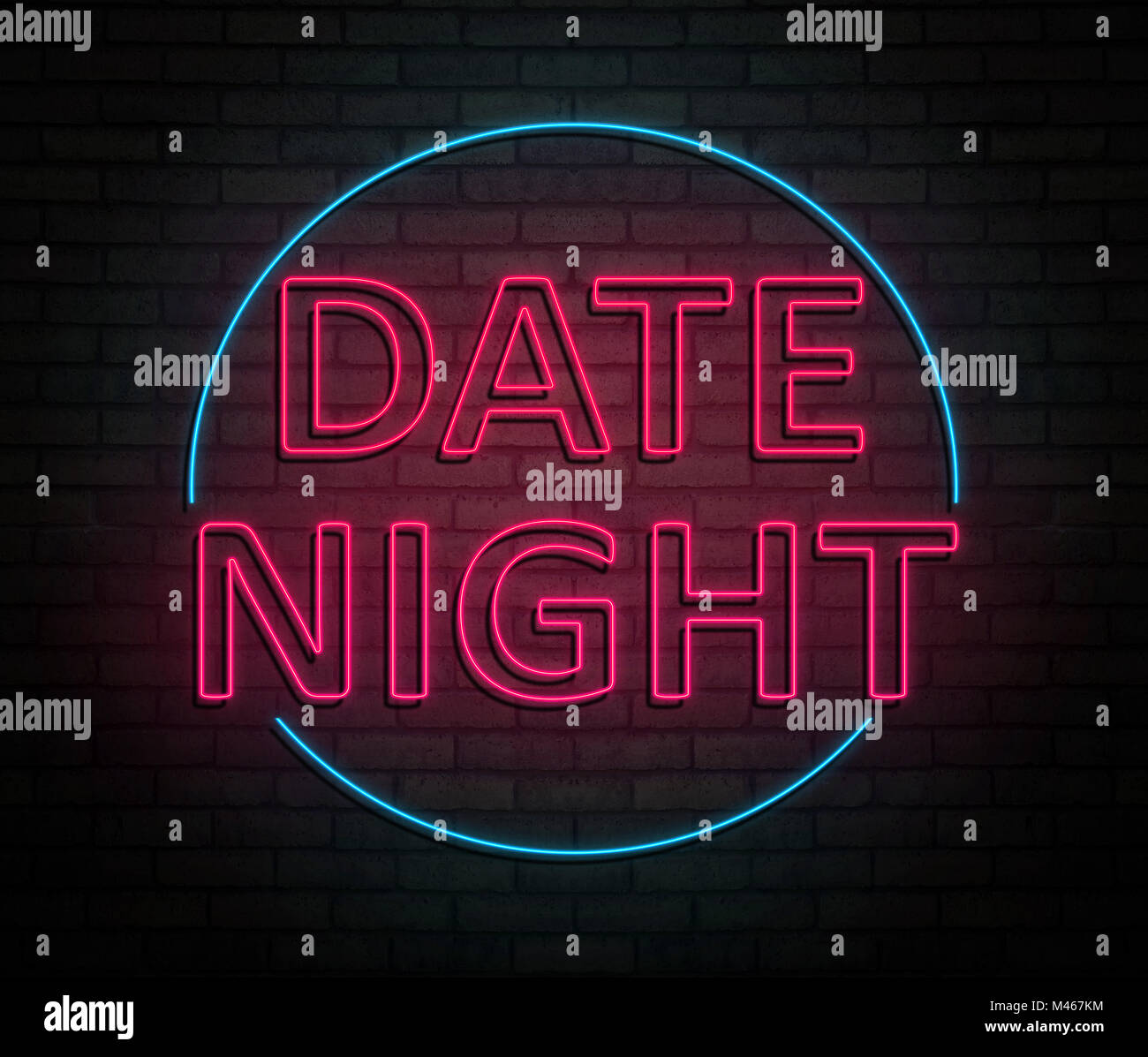 3d Illustration depicting an illuminated neon sign with a date night ...