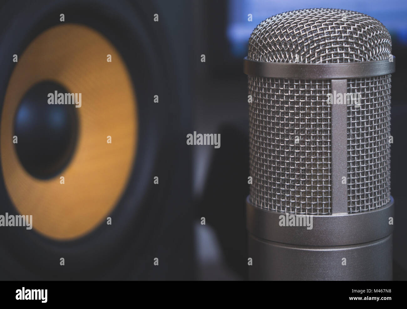 Professional studio monitor and condenser microphone. Concept of home ...