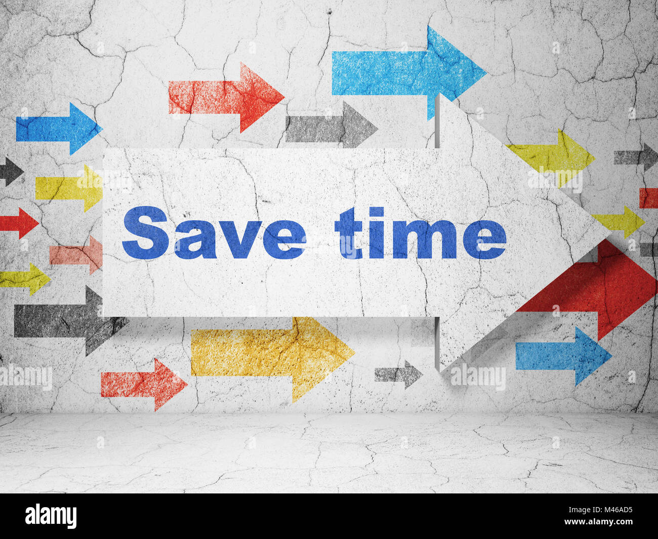 Time concept: arrow with Save Time on grunge wall background Stock ...