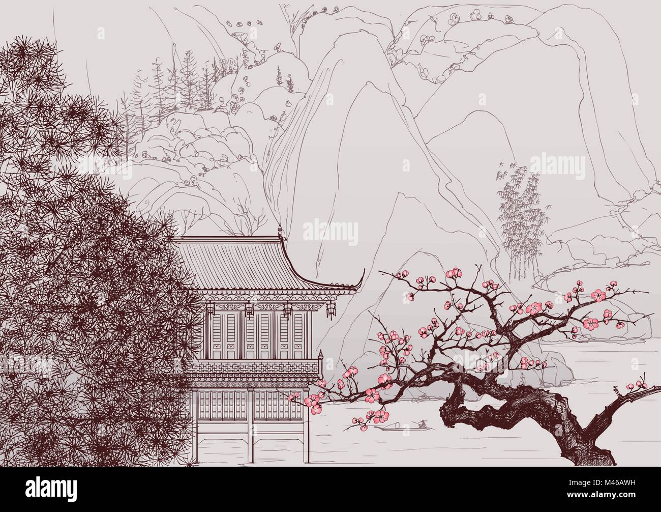 Vector illustration of a Chinese landscape in the style of old chinese ...