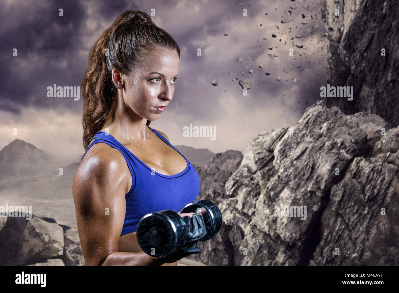Composite image of side view of fit woman lifting dumbbell Stock Photo ...