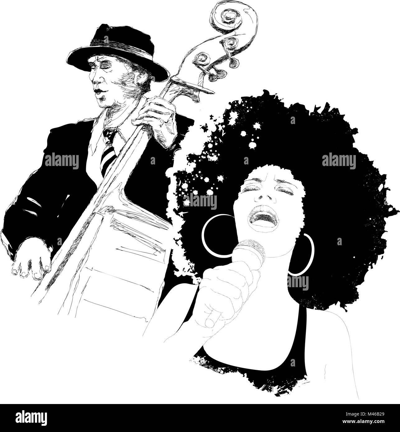 Vector illustration of an afro american jazz singer and a double-bass ...