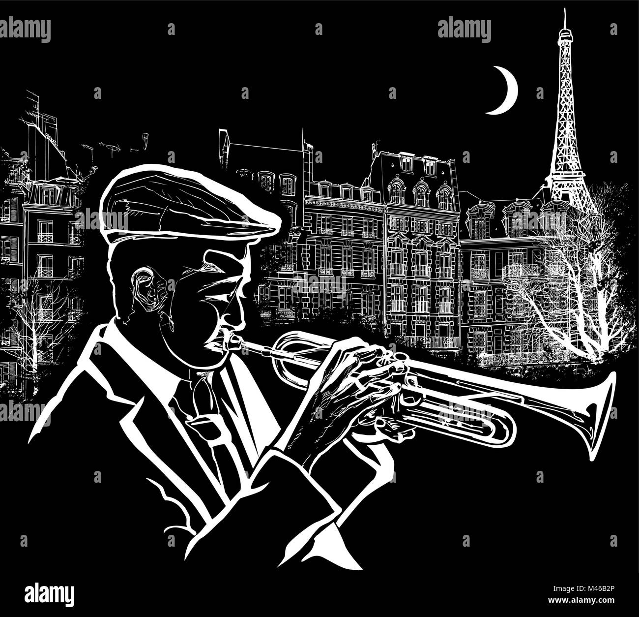 Vector illustration of a trumpeter on Paris grunge background Stock ...