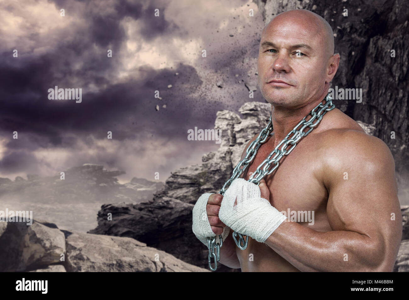 Composite image of portrait of confident bodybuilder holding chain ...