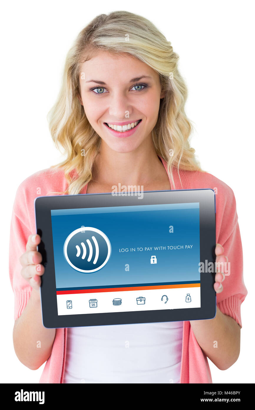 Composite image of young pretty student showing tablet pc Stock Photo ...