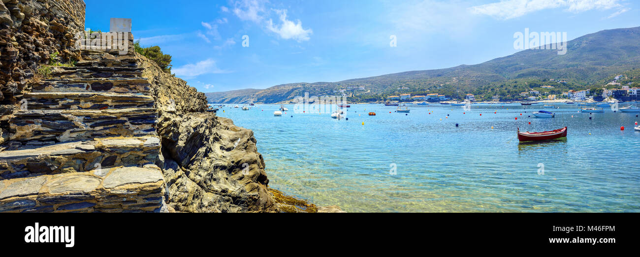 Panoramic landscape with ancient stone stairs and view of bay in ...