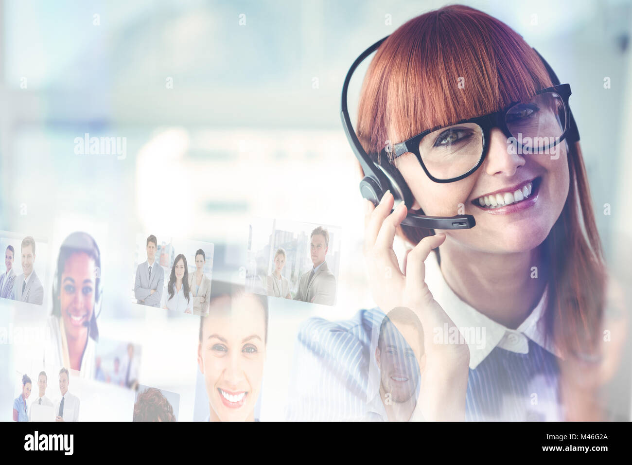 Woman speaking headset colleagues hi-res stock photography and images ...
