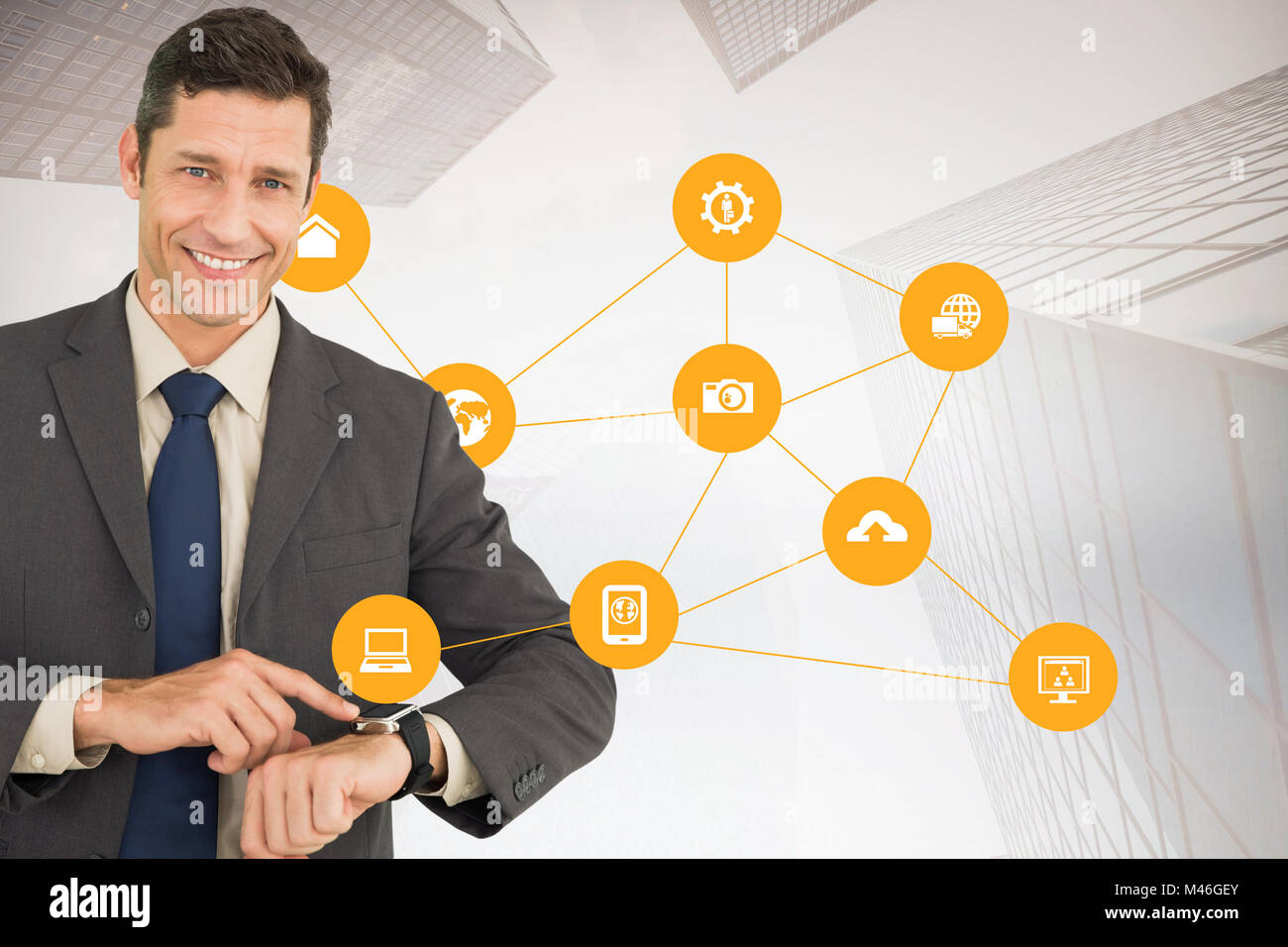 Composite image of businessman showing his watch Stock Photo - Alamy