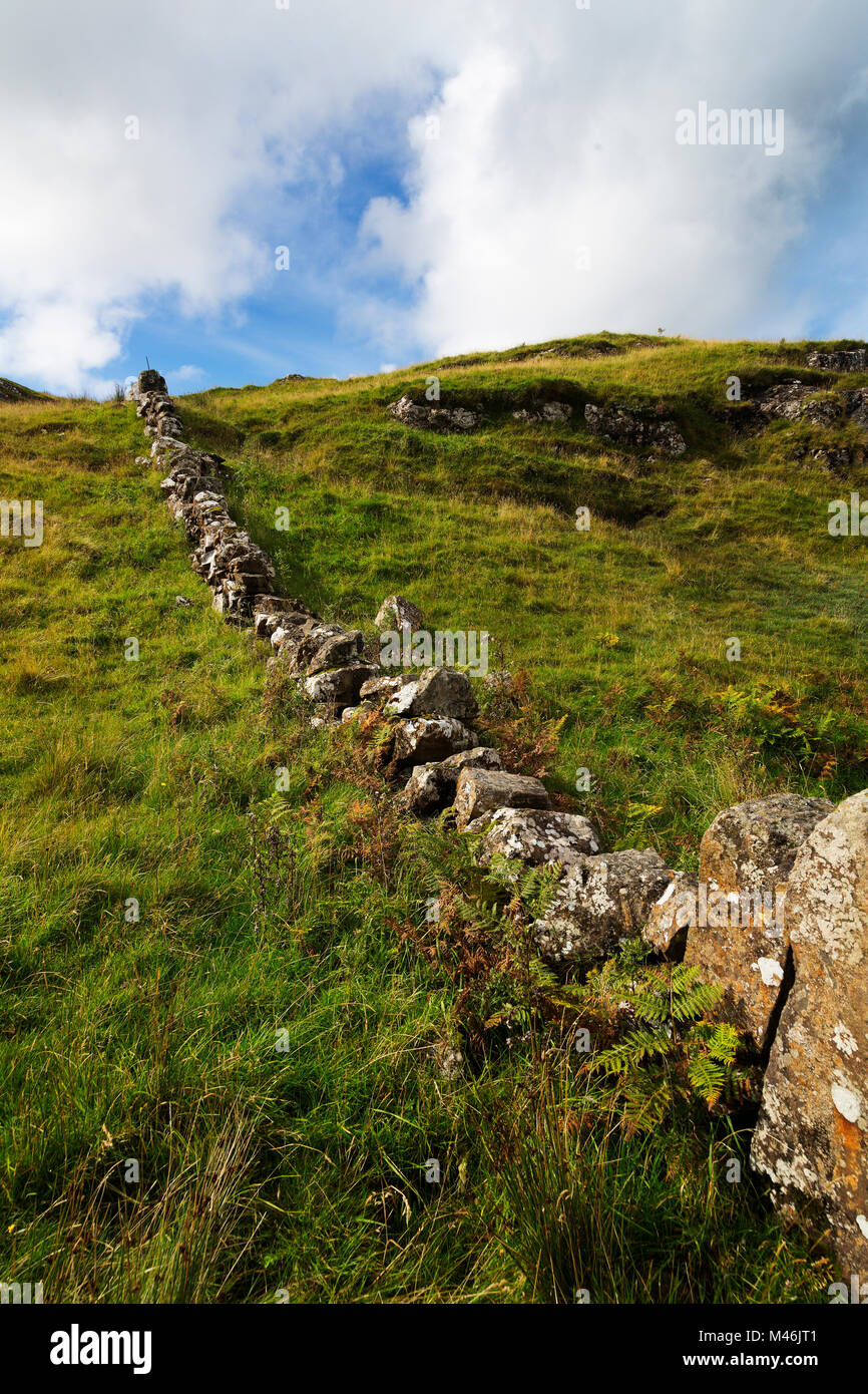 Stone wall with green pasture on the over looking the Sound of Mull on ...