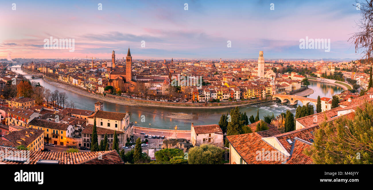 Verona, Veneto, Italy. Panoramic view of Verona from Piazzale Castel ...