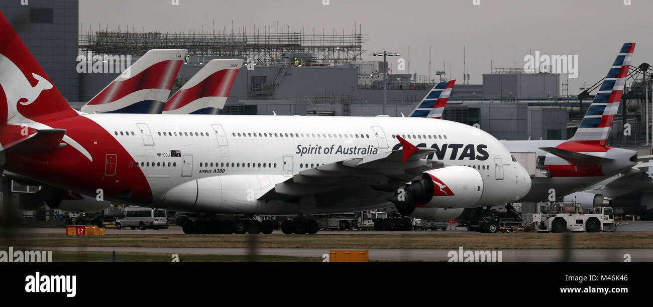A Qantas Airbus A380 plane at Heathrow Airport in west London Stock ...