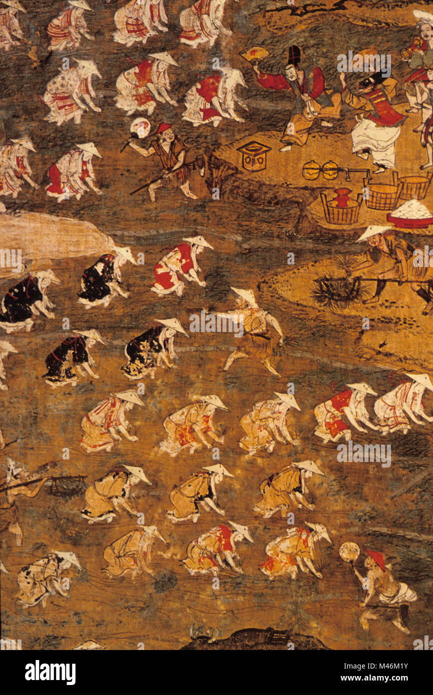japan heian period, 794-1185, rice sowing with the dengaku, ritual ...