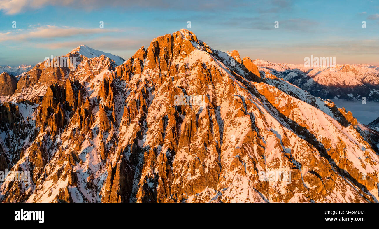 Panoramic view of Grigna mountain group at sunset in winter, grigna ...