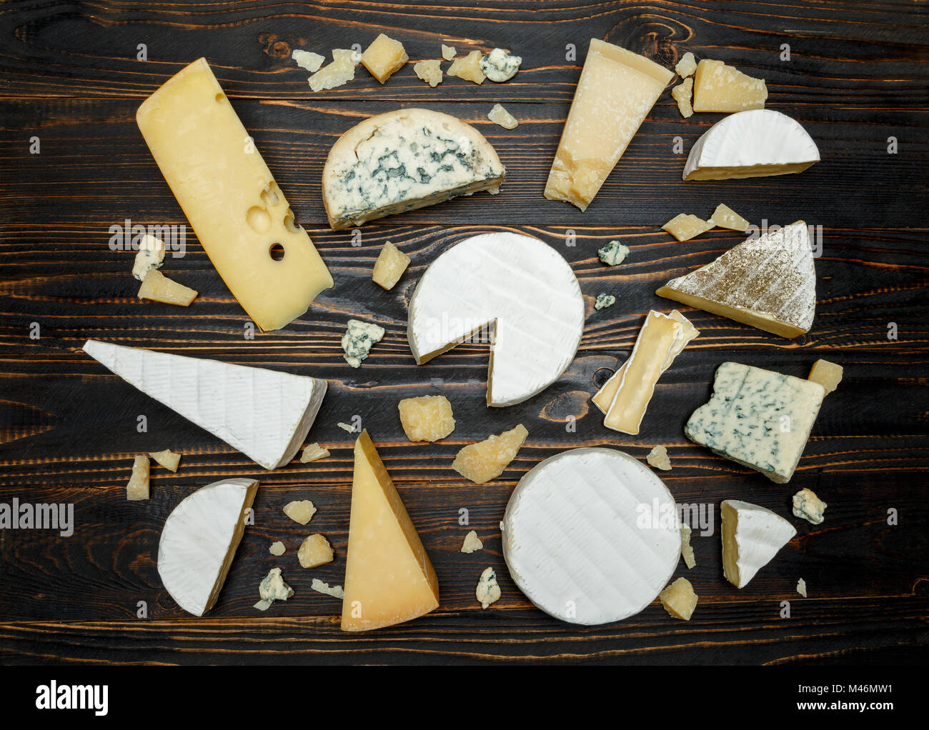 Various types of cheese - parmesan, brie, roquefort, cheddar Stock ...