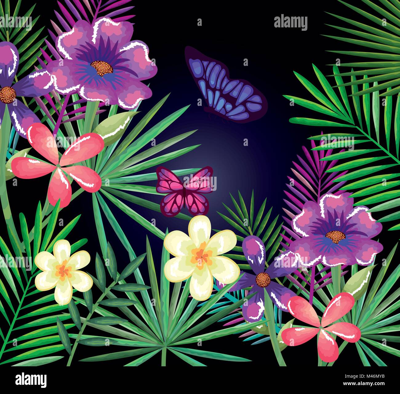 tropical and exotics flowers with butterflies vector illustration ...
