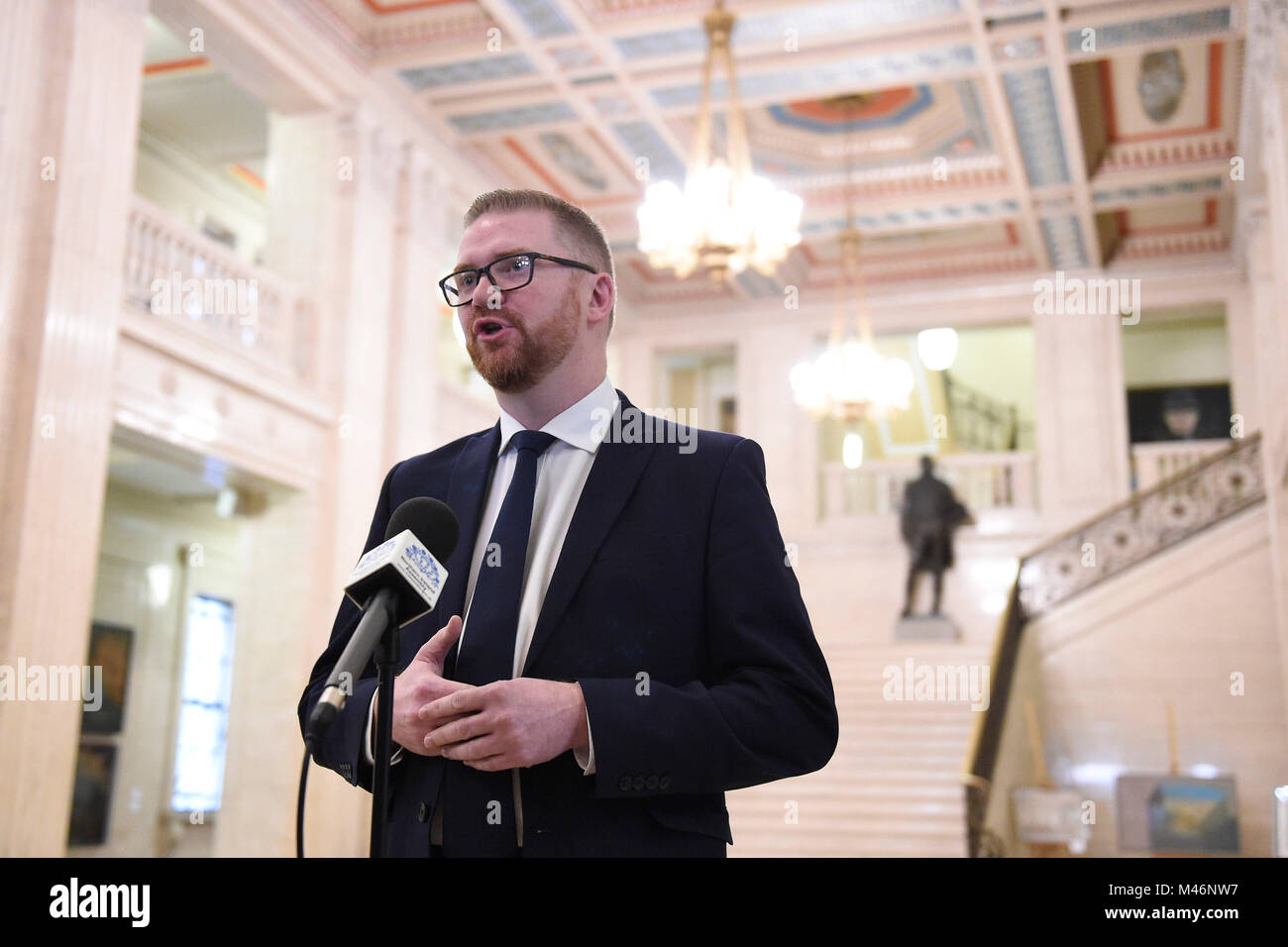 DUP negotiator Simon Hamilton speaking at Parliament Buildings at ...