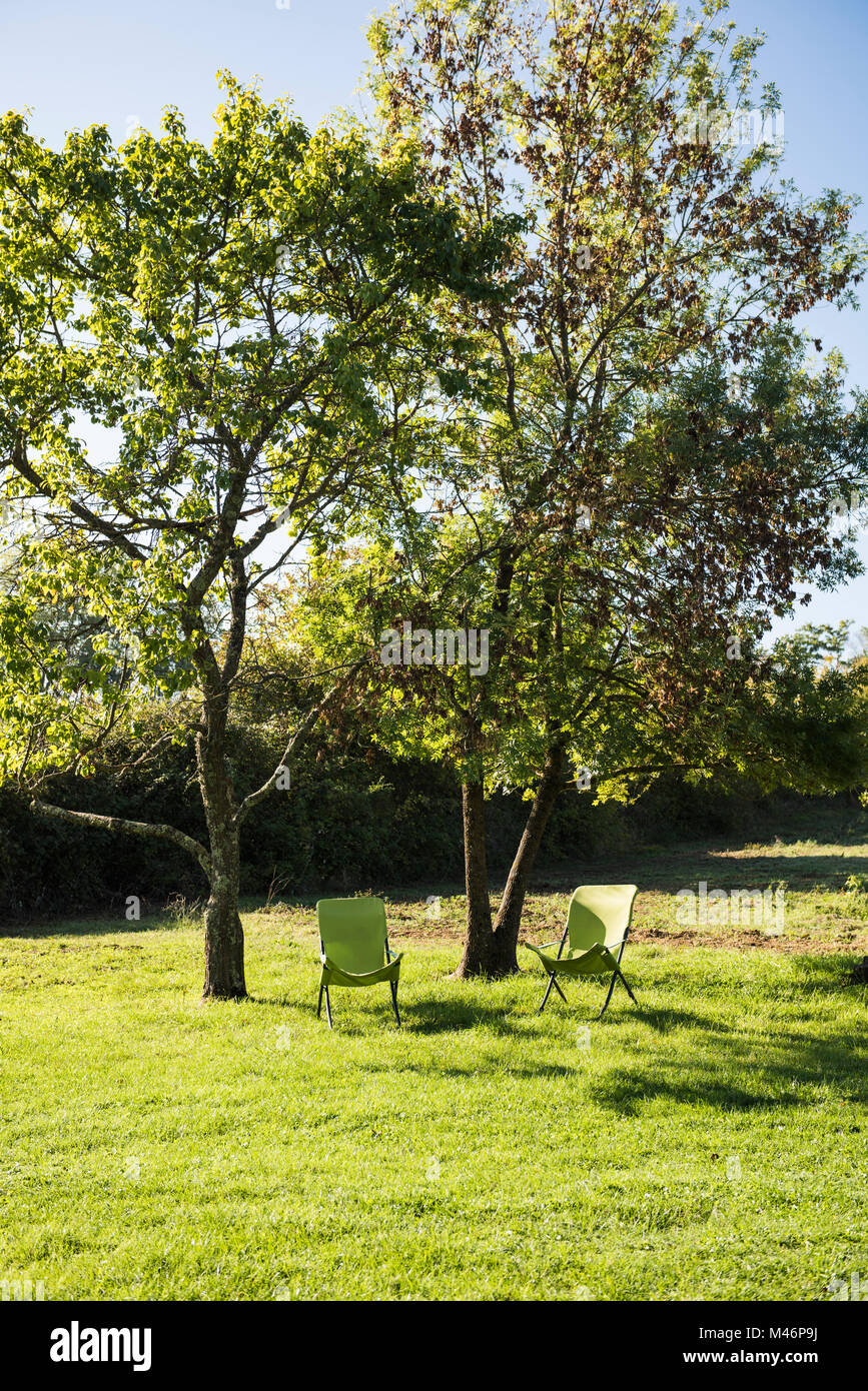 Two green chairs with trees Stock Photo - Alamy