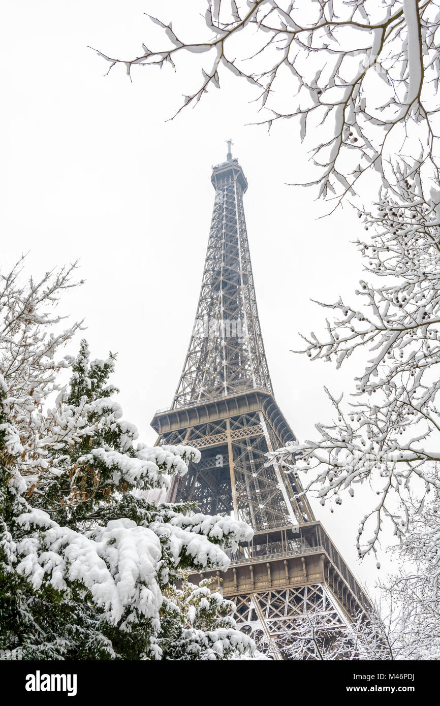 Winter in Paris in the snow. Low angle view of the Eiffel tower through ...