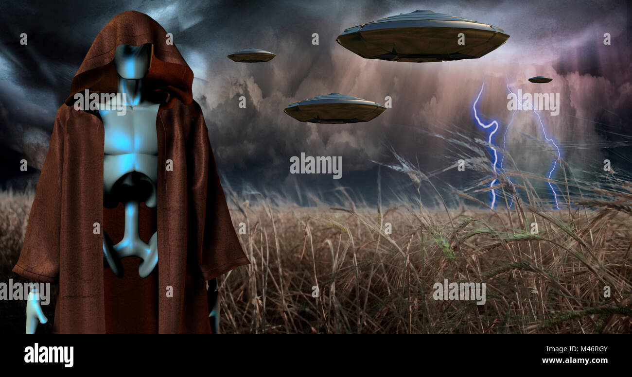 Alien robot stands in field of wheat. Spacecrafts in the sky Stock ...