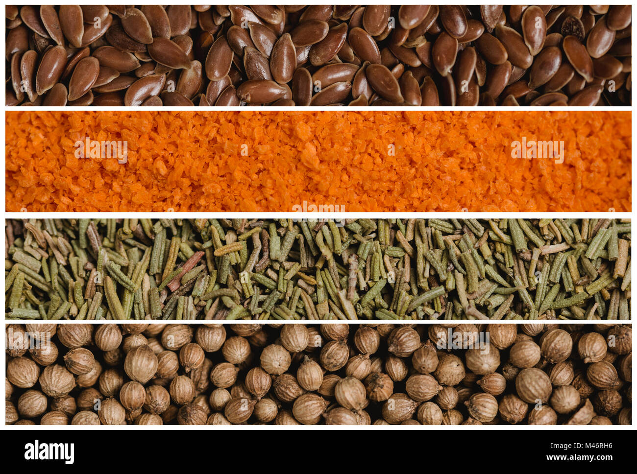 Collage of various spice seeds. Flax and breadcrumbs, rosemary and ...