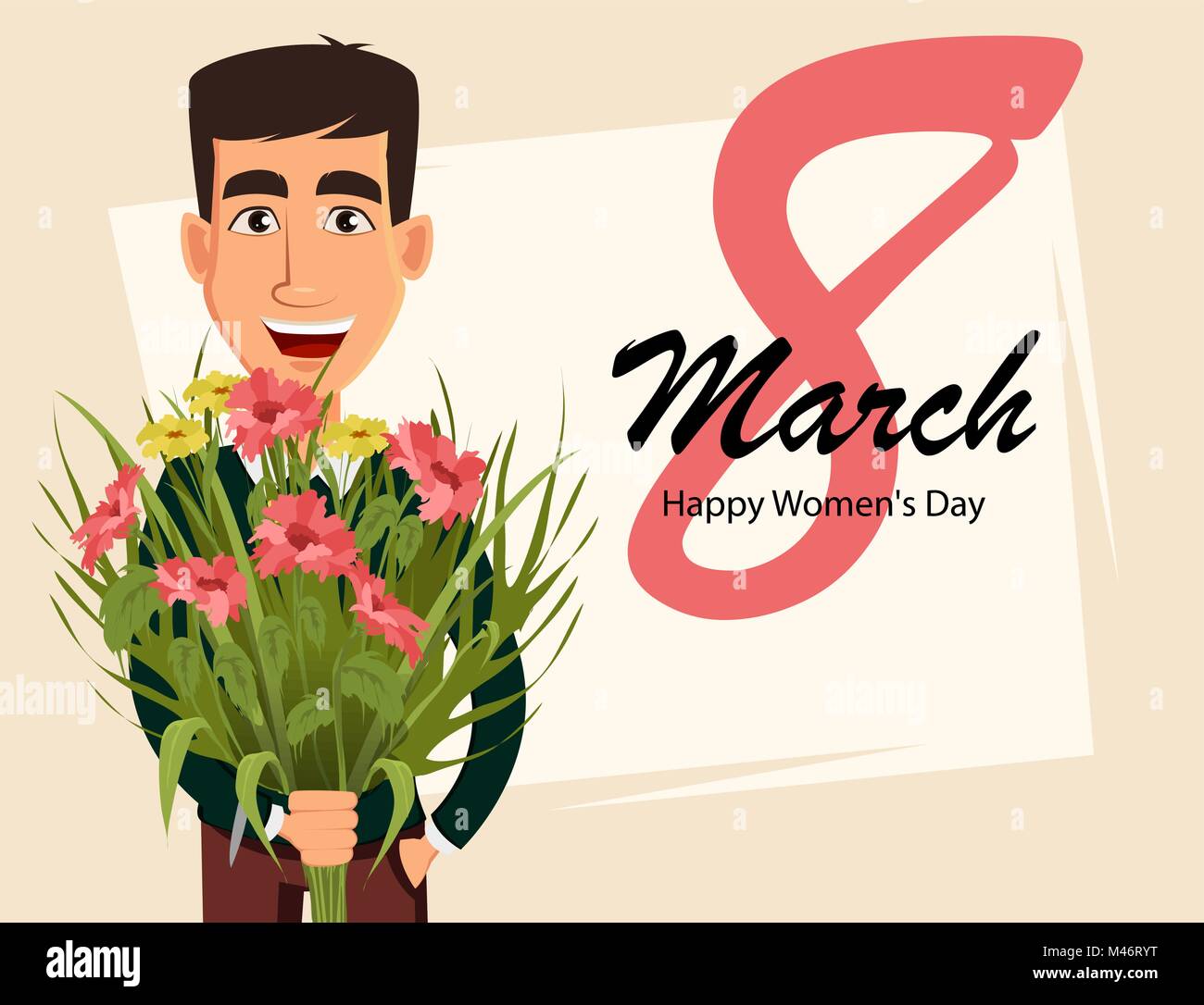 Postcard to the 8th of March (Women's Day). Greeting words and handsome ...