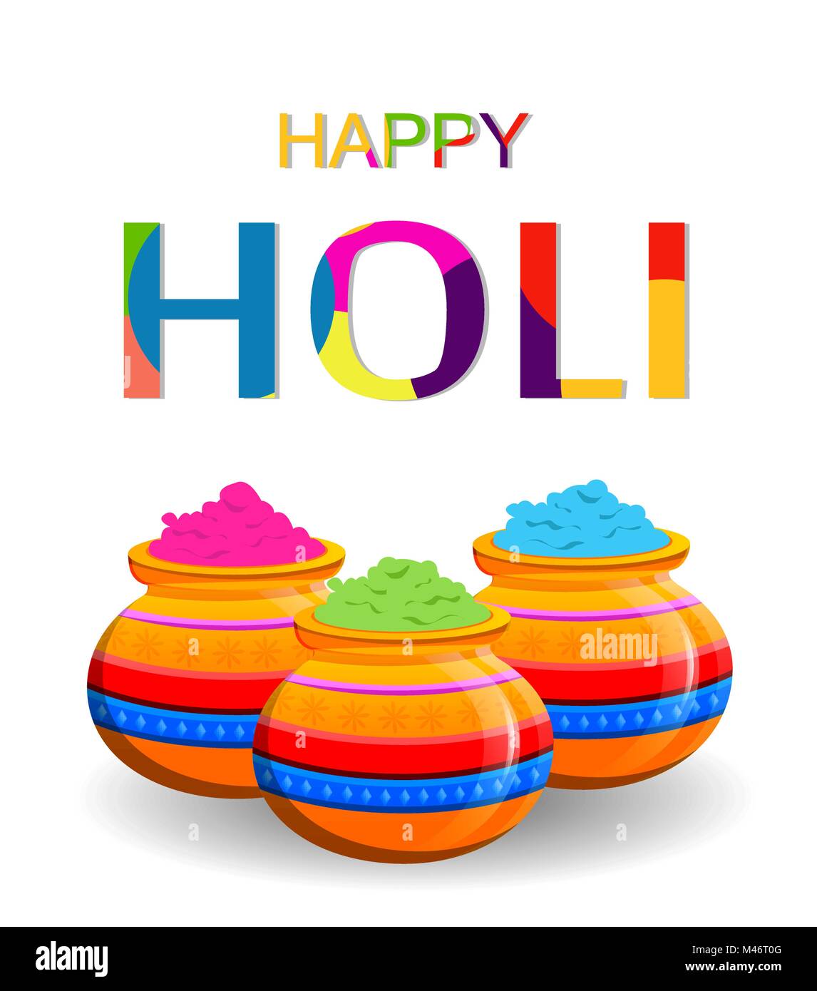 Traditional Indian festival Holi. Three pots with colored powder and ...