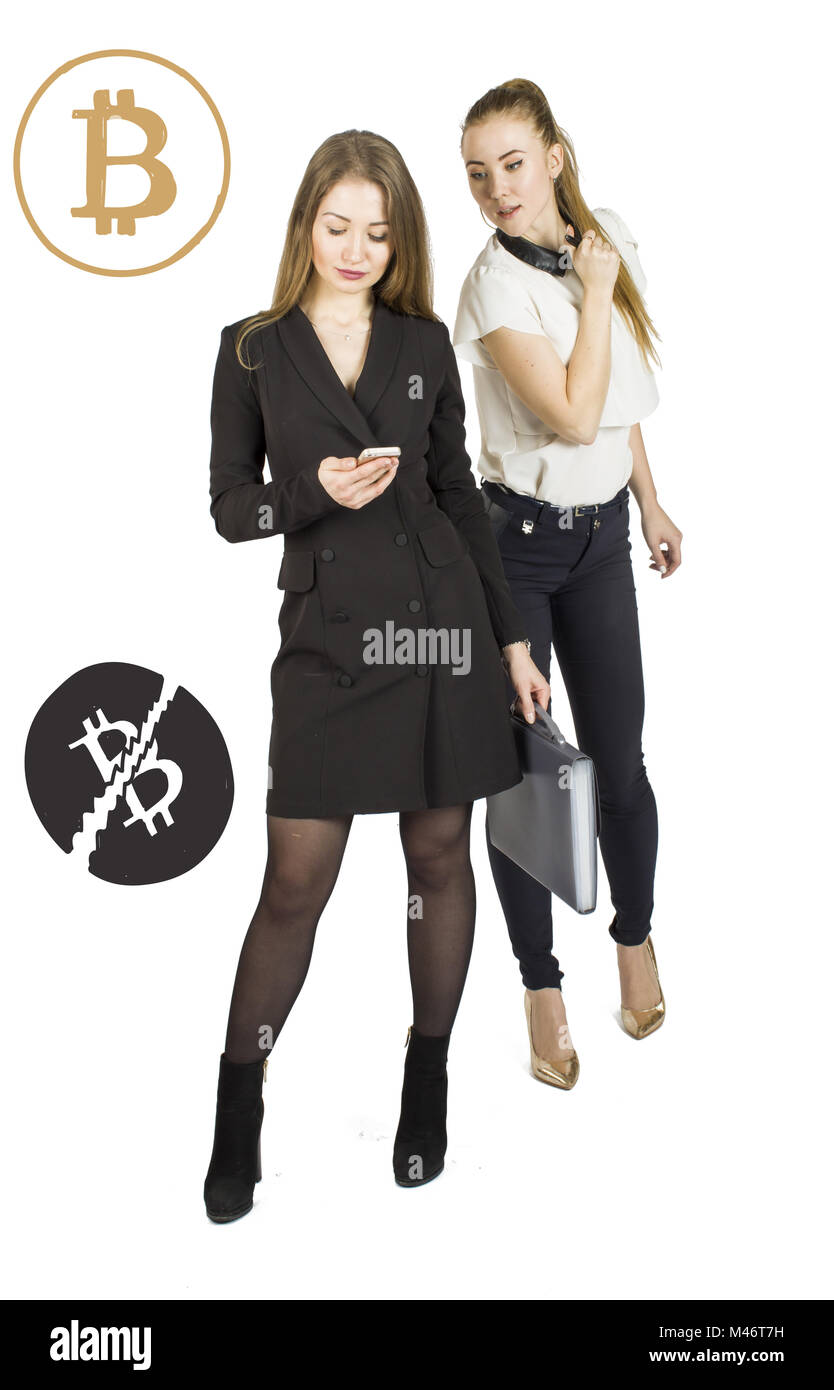 Beautiful women standing over white background with bitcoin sketches ...