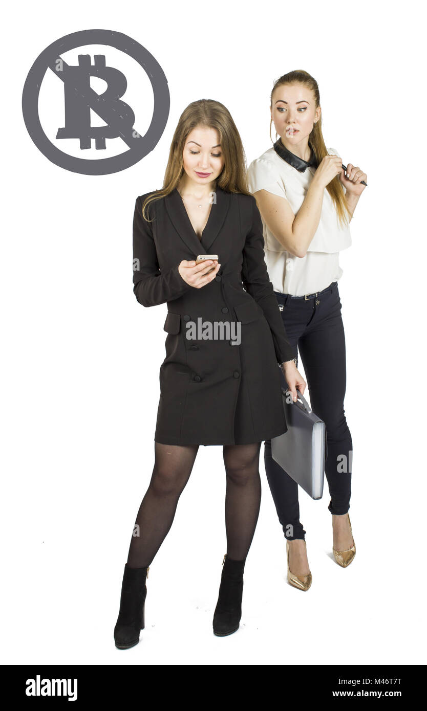 Beautiful women standing over white background with bitcoin sketches ...