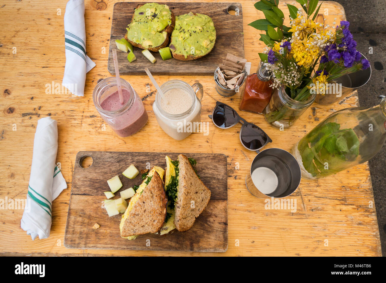 Lunch top view from above wood table glass and sun glasses Stock Photo ...