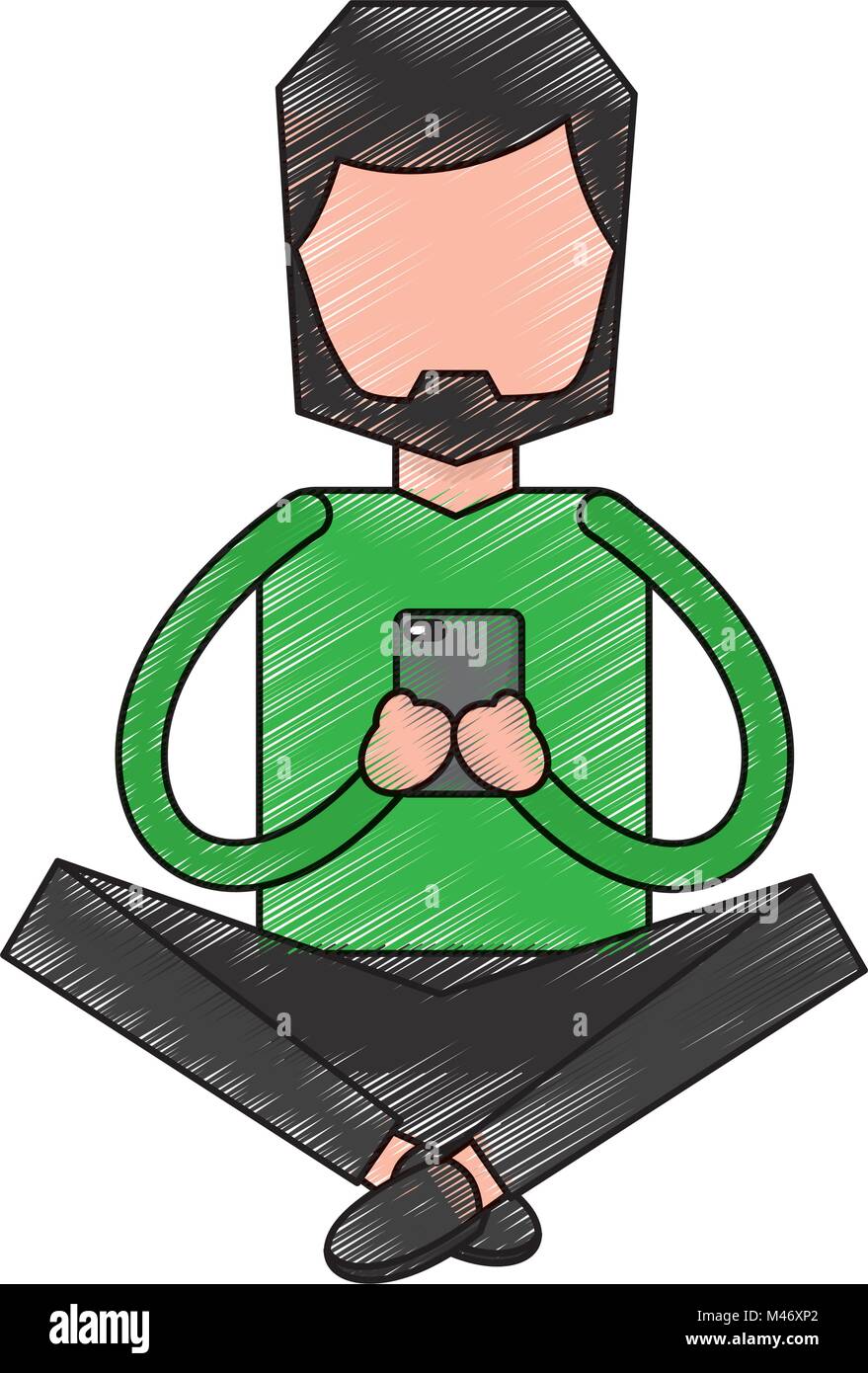 man sitting with smartphone in her hands vector illustration drawing ...