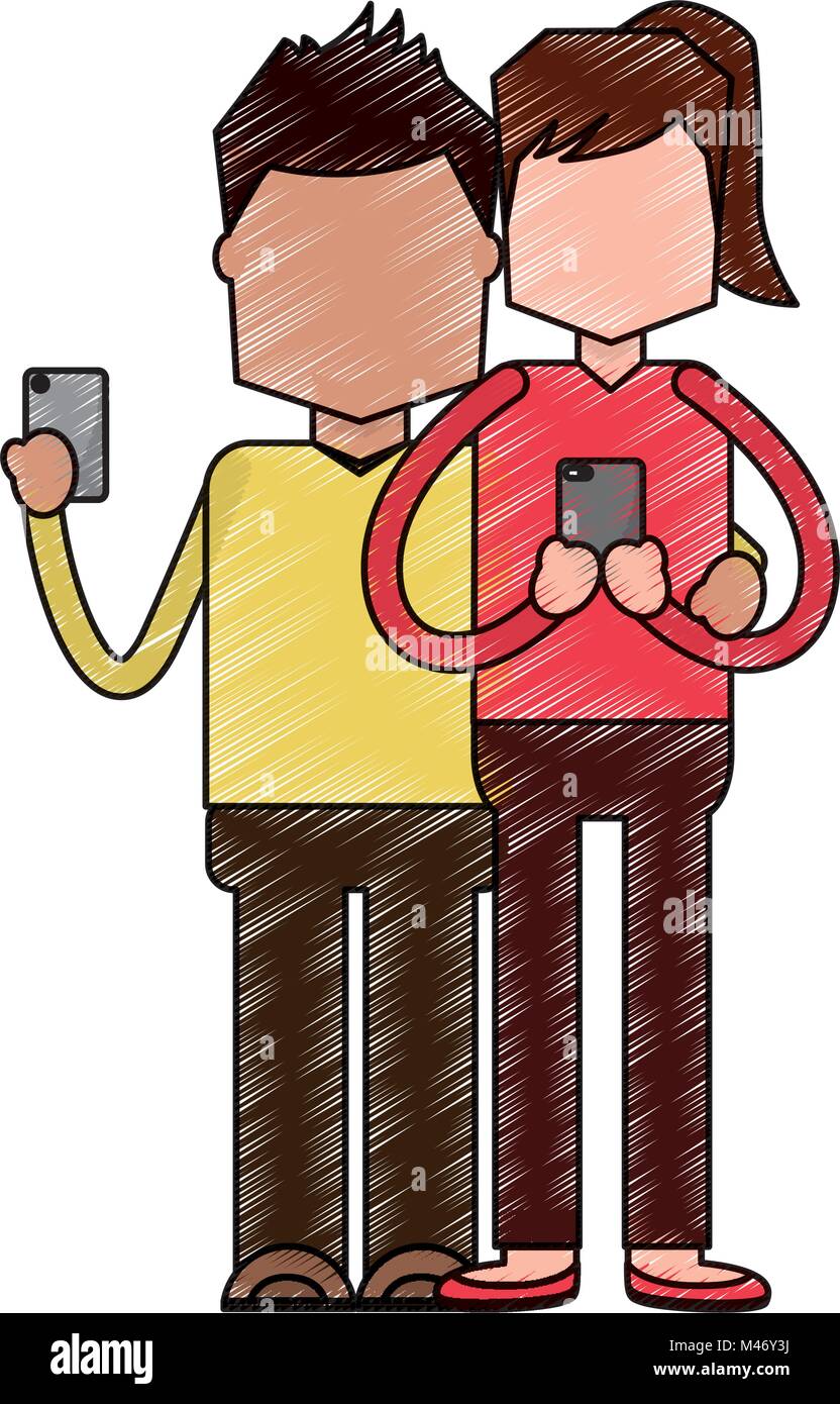 woman and man holding smartphone typing text and sending messages full ...