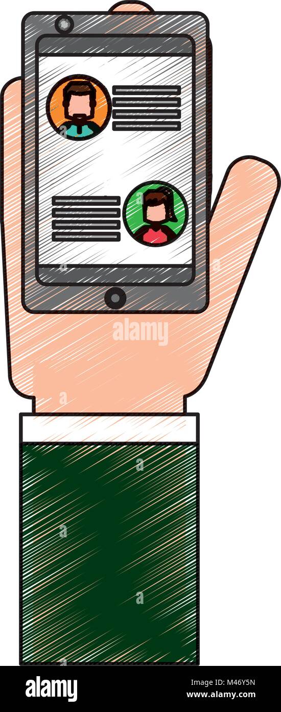 hand with smartphone chat message in screen vector illustration drawing ...