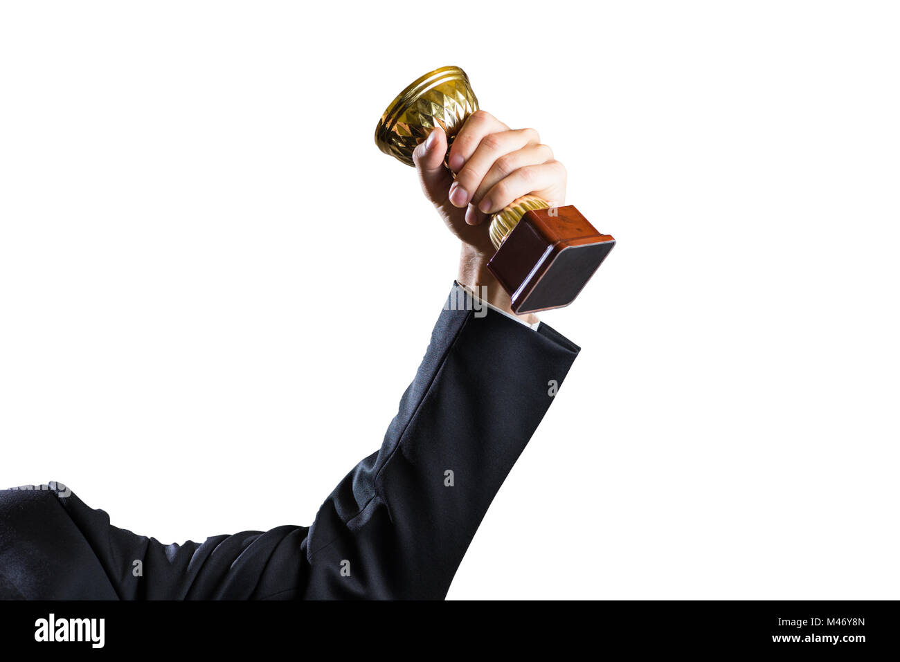 Hand of businessman holding Cup, concept success. Isolated on white ...