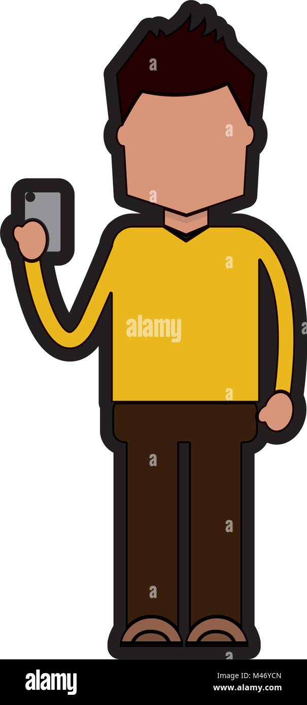 character holding in hand smartphone device vector illustration Stock ...