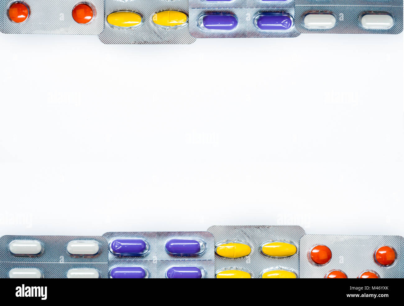 Tablets pills medicine in blister pack with frame pattern and space box ...