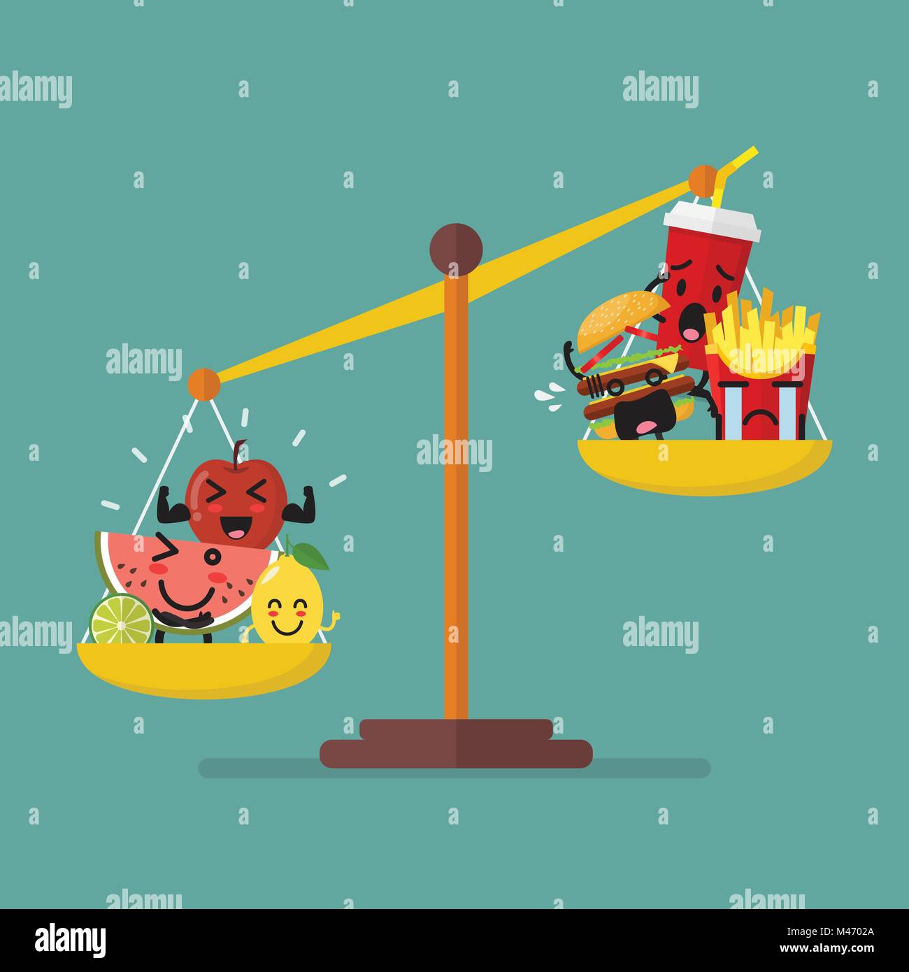 Healthy food and junk food balancing on scales. healthy lifestyle ...