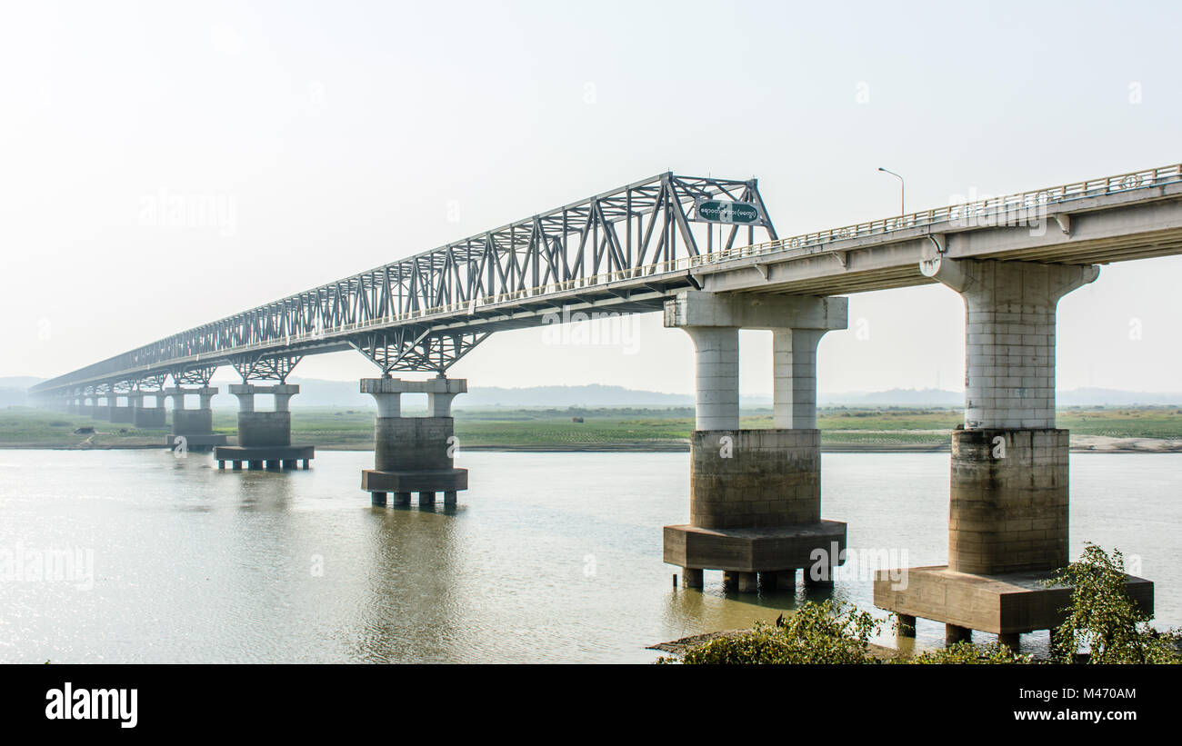 modern bridge at Magway, Myanmar. It is joining between Minbu and ...