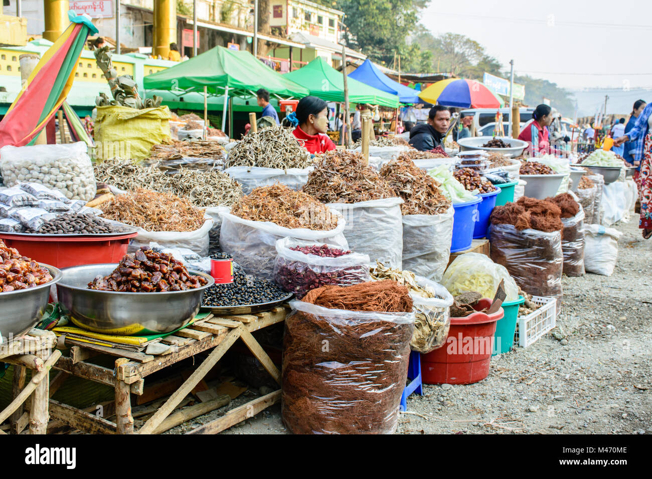traditional foods shop at Shwe Set Taw pagoda festival, Myanmar, Feb ...