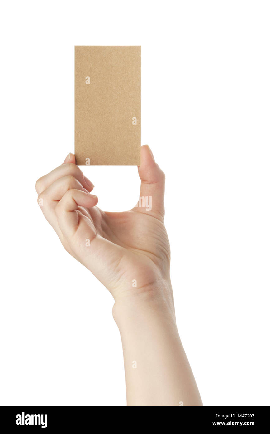 young female right hand hold blank brown paper card Stock Photo - Alamy