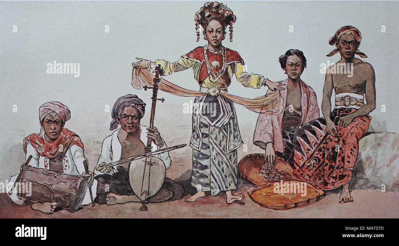Clothes, fashion in Java, Javanese costumes, from the left, musicians ...