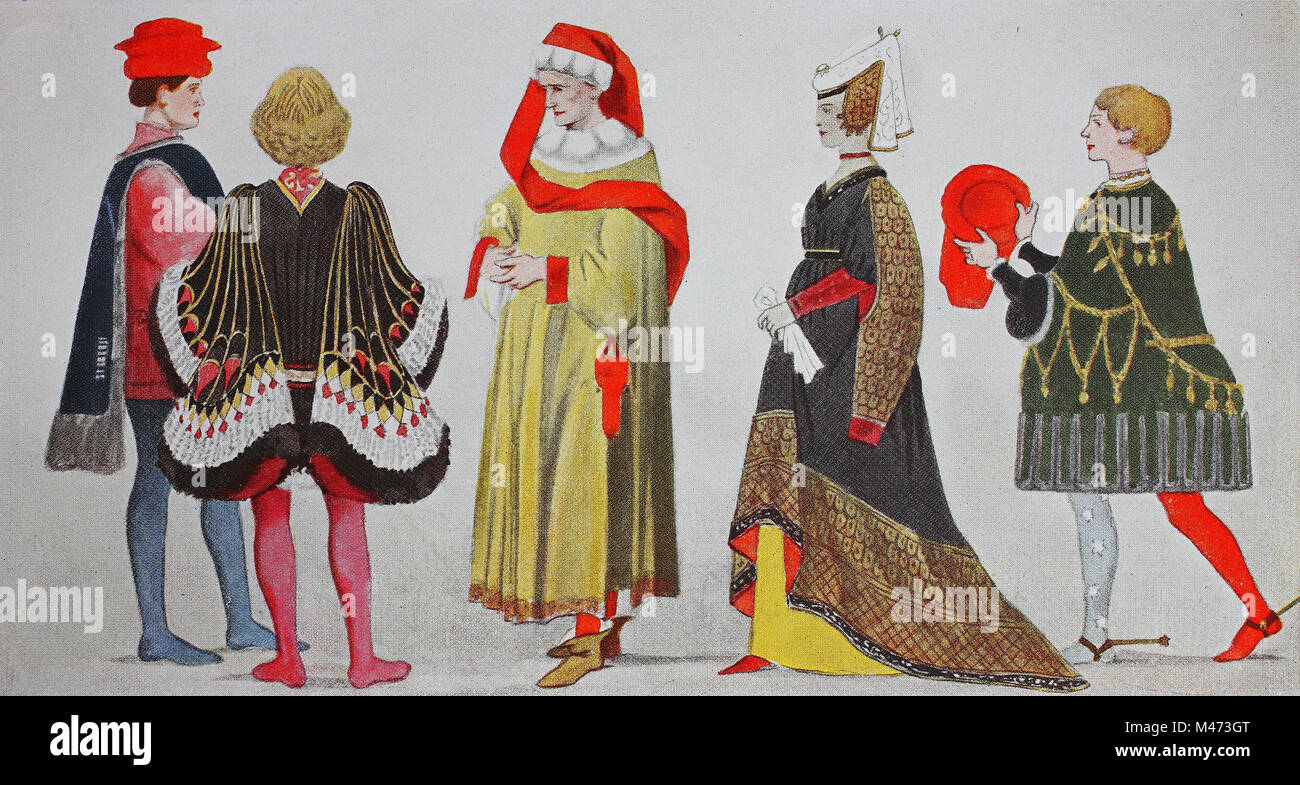 Clothing, fashion in Italy, Upper Italy, around 1435-1440, from left ...