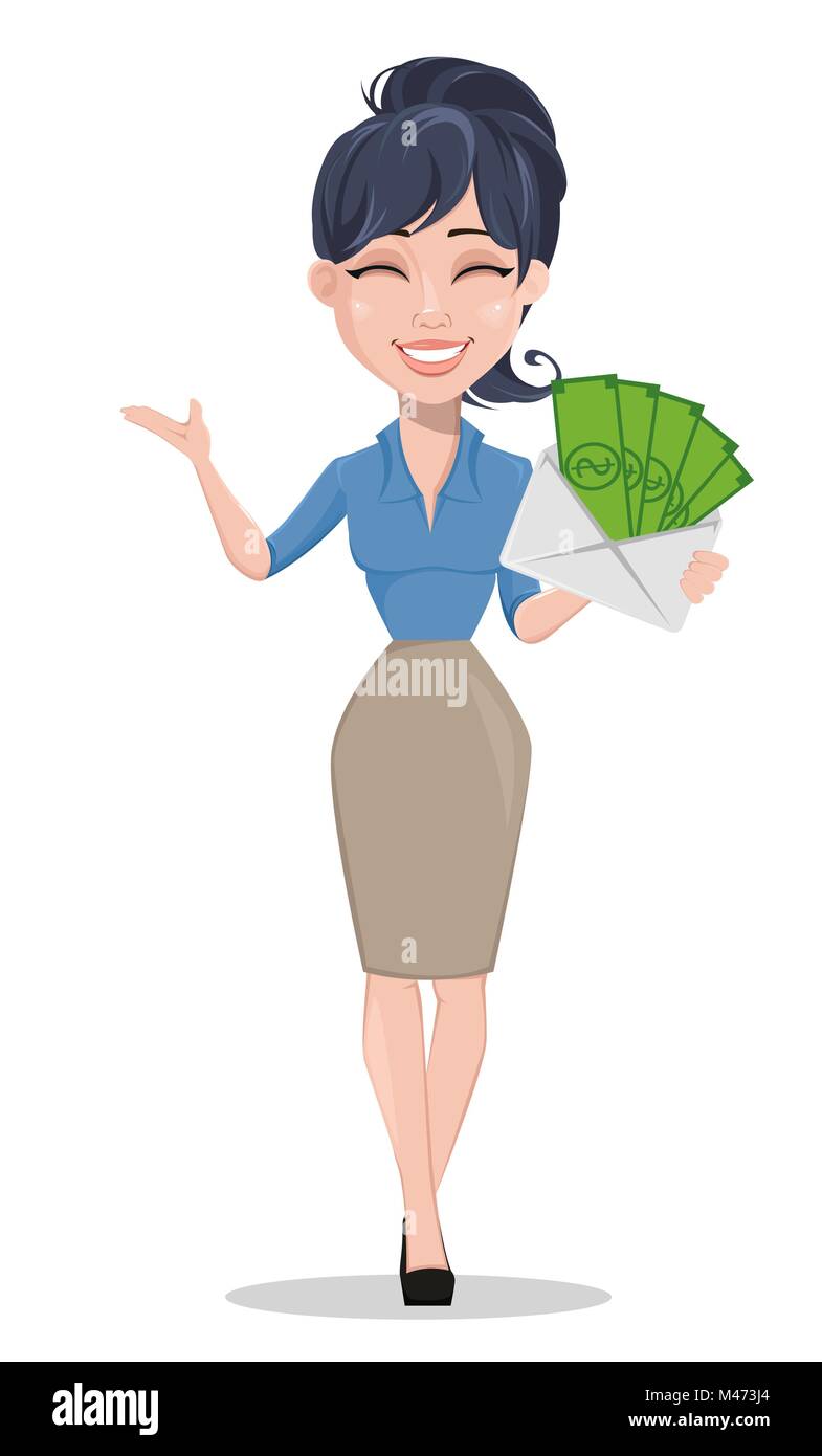 Business woman holding envelope full of money. Beautiful businesswoman ...