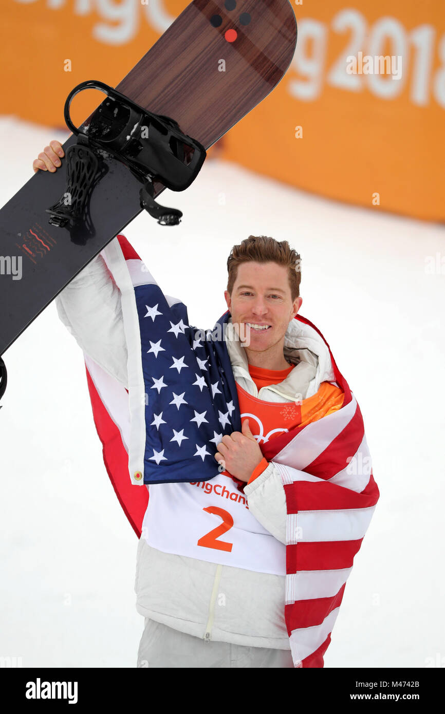 PyeongChang, South Korea. 14th Feb, 2018. SHAUN WHITE of USA celebrates ...