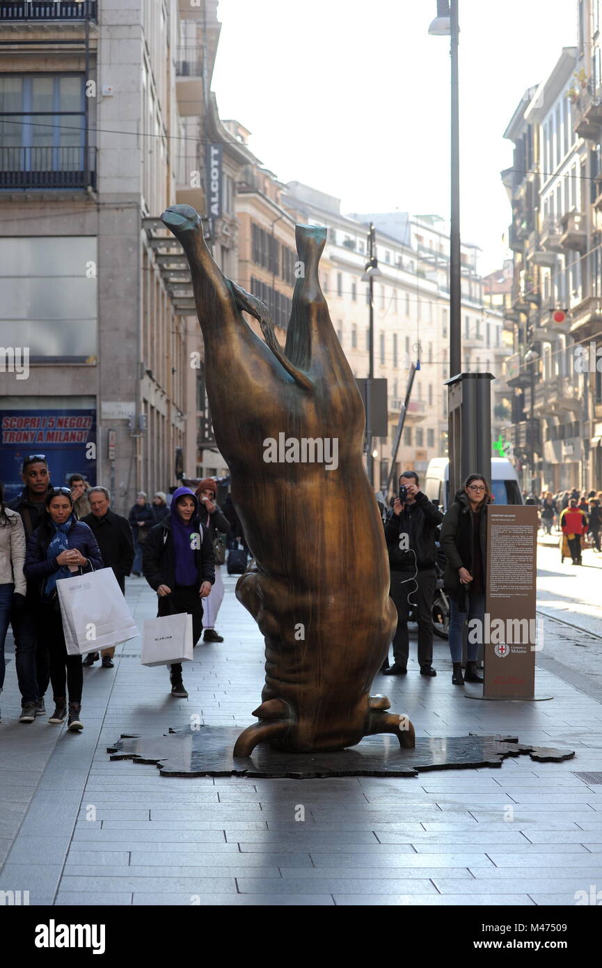 Milan, Italy. 14th February, 2018. Milan, Toro upside down in Via ...